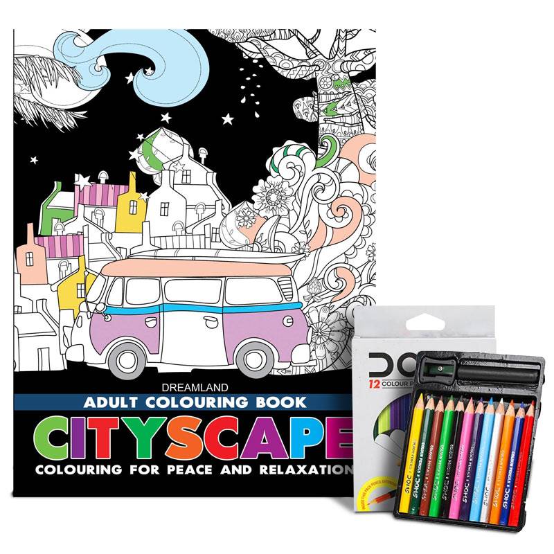 Dreamland Adult Coloring Book Cityscape & DOMS Half-size Color Pencils ...