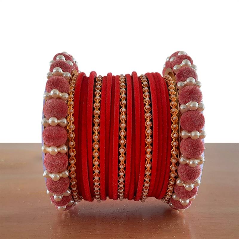 Pink Velvet Bangle Set with Pearls (Set of 23) - Send Gifts for Bhai ...