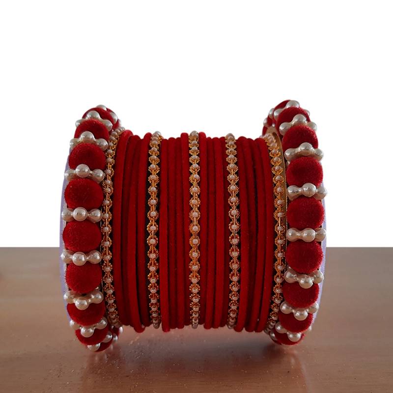 Red Velvet Bangle Set with Pearls ( Set of 23) - Send Gifts for Bhai ...