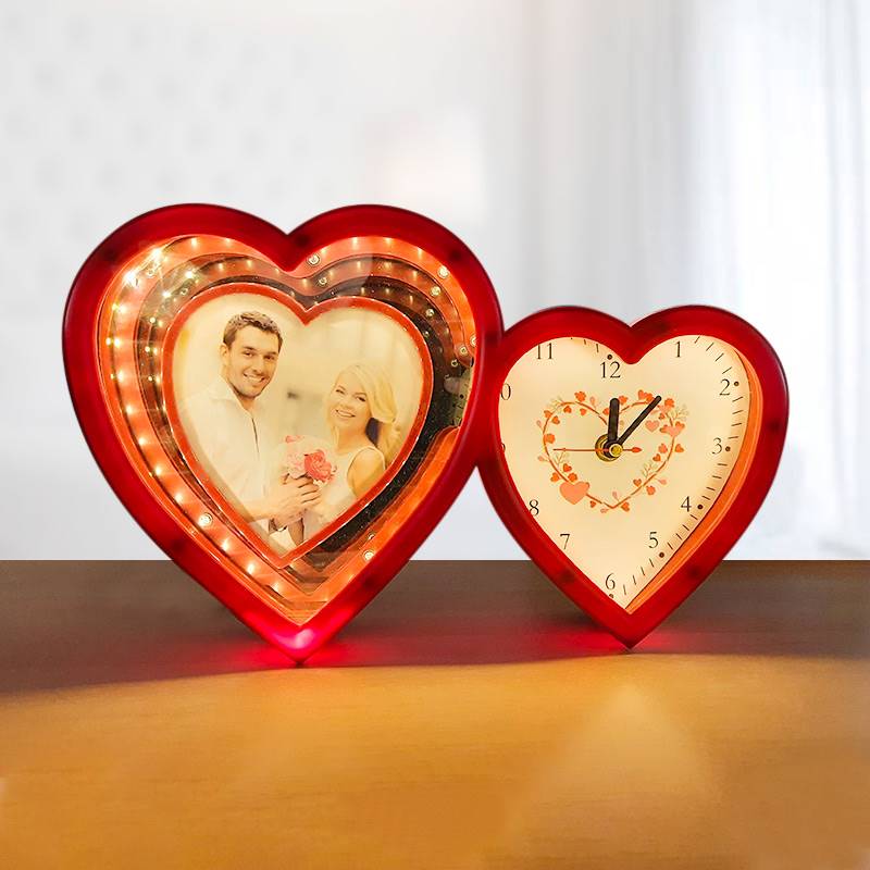 Red Hearts LED Magic Mirror Photo Frame with Clock (Width 12 in) - Send ...